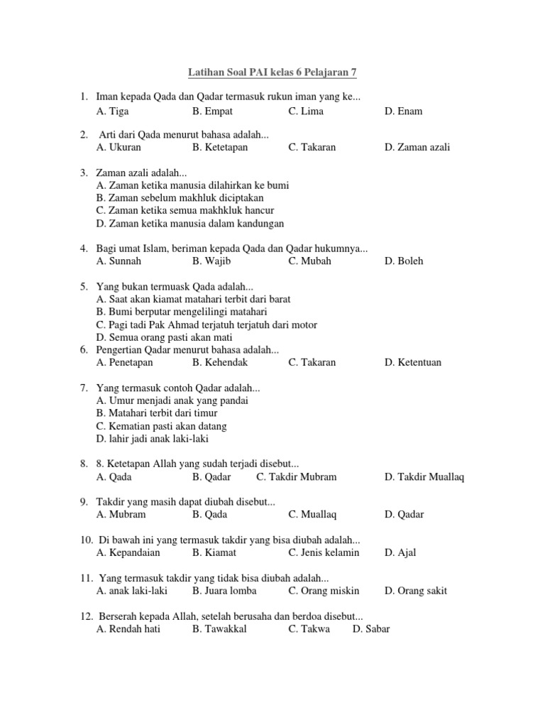 Latihan Soal PAI Kelas 6 Pelajaran 7 Jadi | PDF