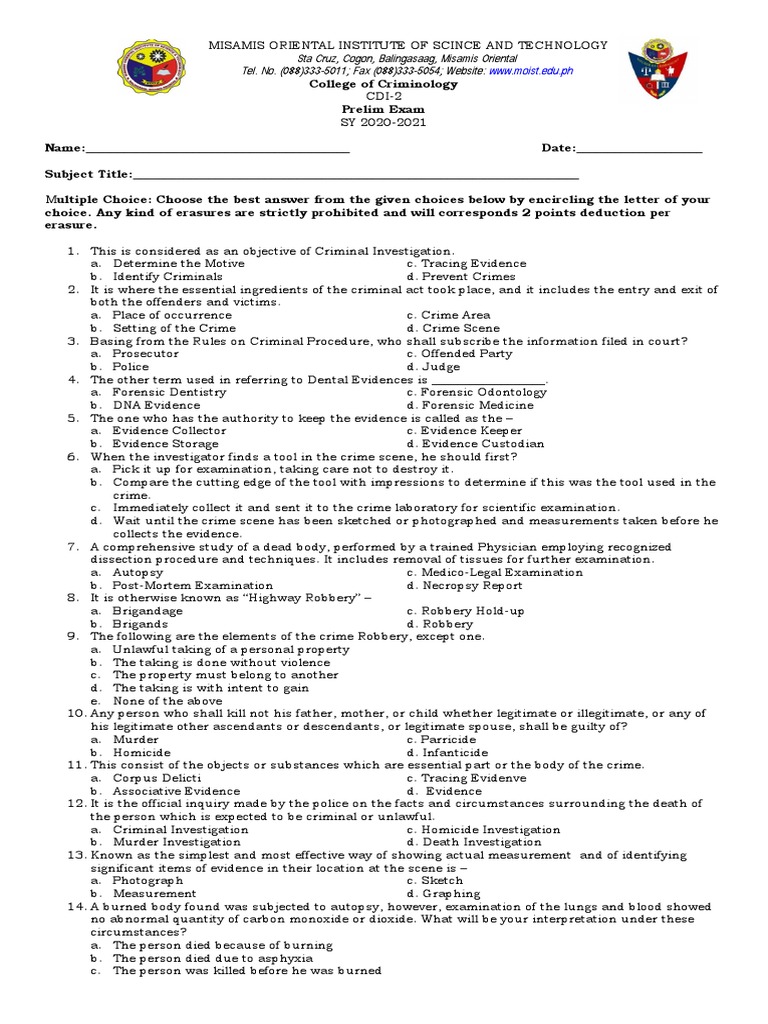 CDI 2 Prelim 2020-21 | PDF | Crime Scene | Autopsy