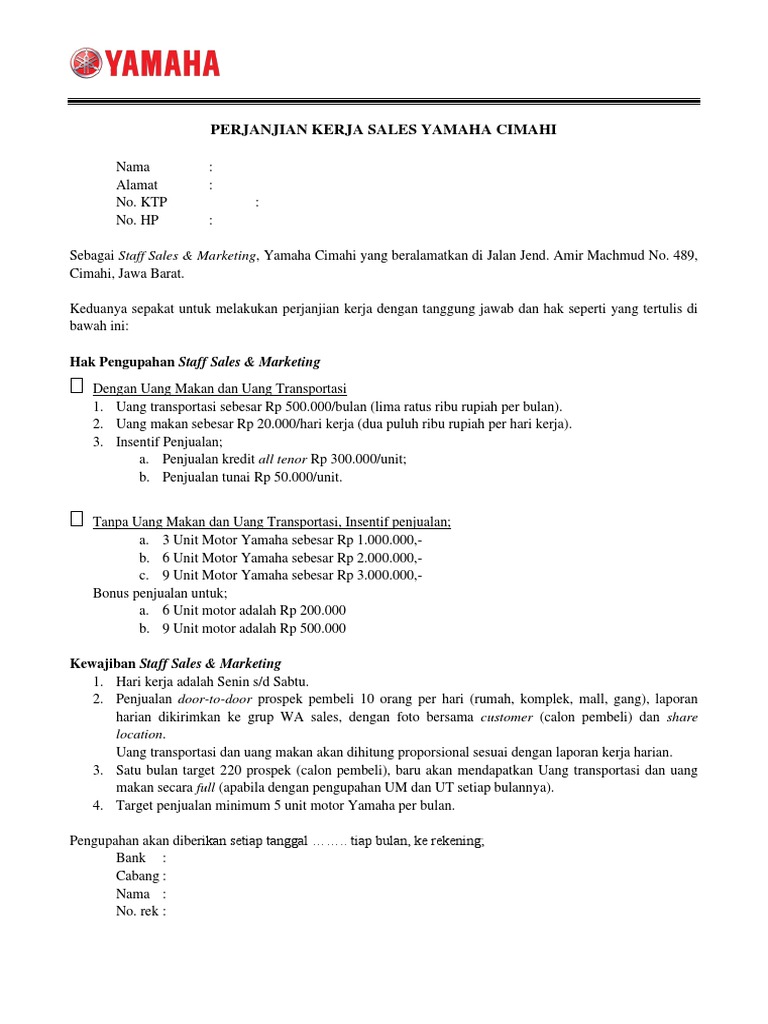 Perjanjian Kerja Sales Yamaha Cimahi | PDF