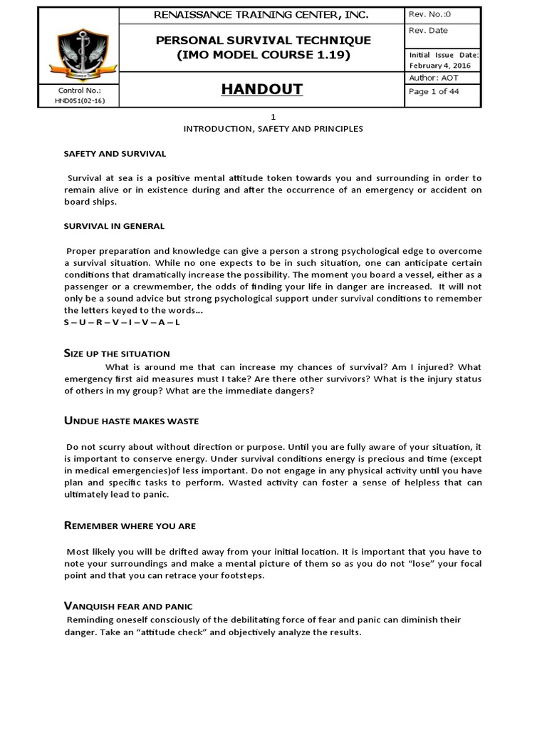 Handout: Personal Survival Technique (Imo Model Course 1.19) | PDF