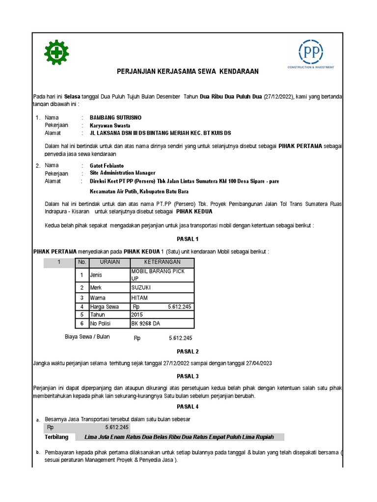 Kontrak Pick Up Medan BK 9268 Da New | PDF