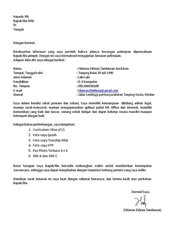 Surat Lamaran Kerja Filemon 2023 | PDF