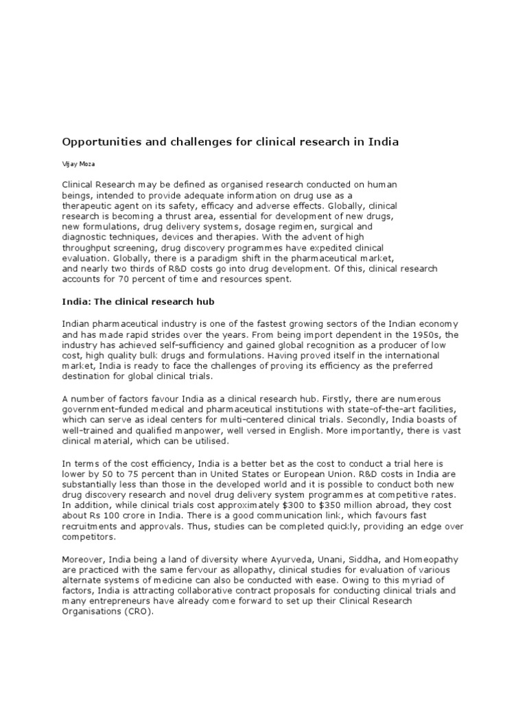 Opportunities and Challenges For Clinical Research in India | PDF ...