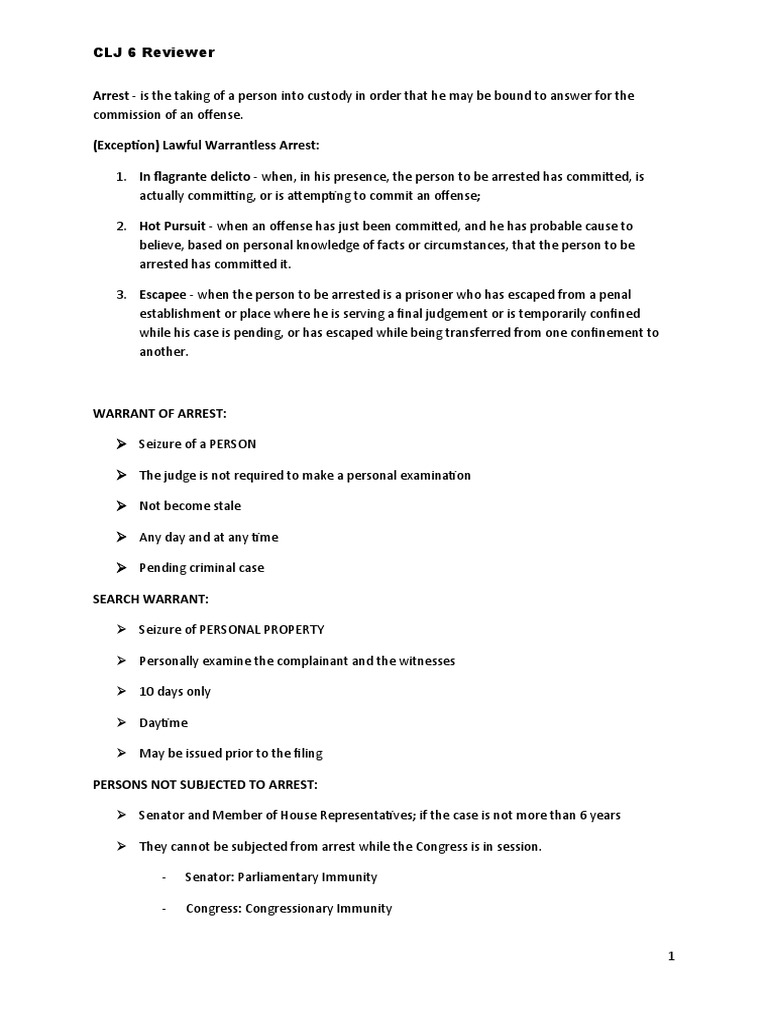 CLJ 6 Prelims Reviewer | PDF | Search Warrant | Arrest