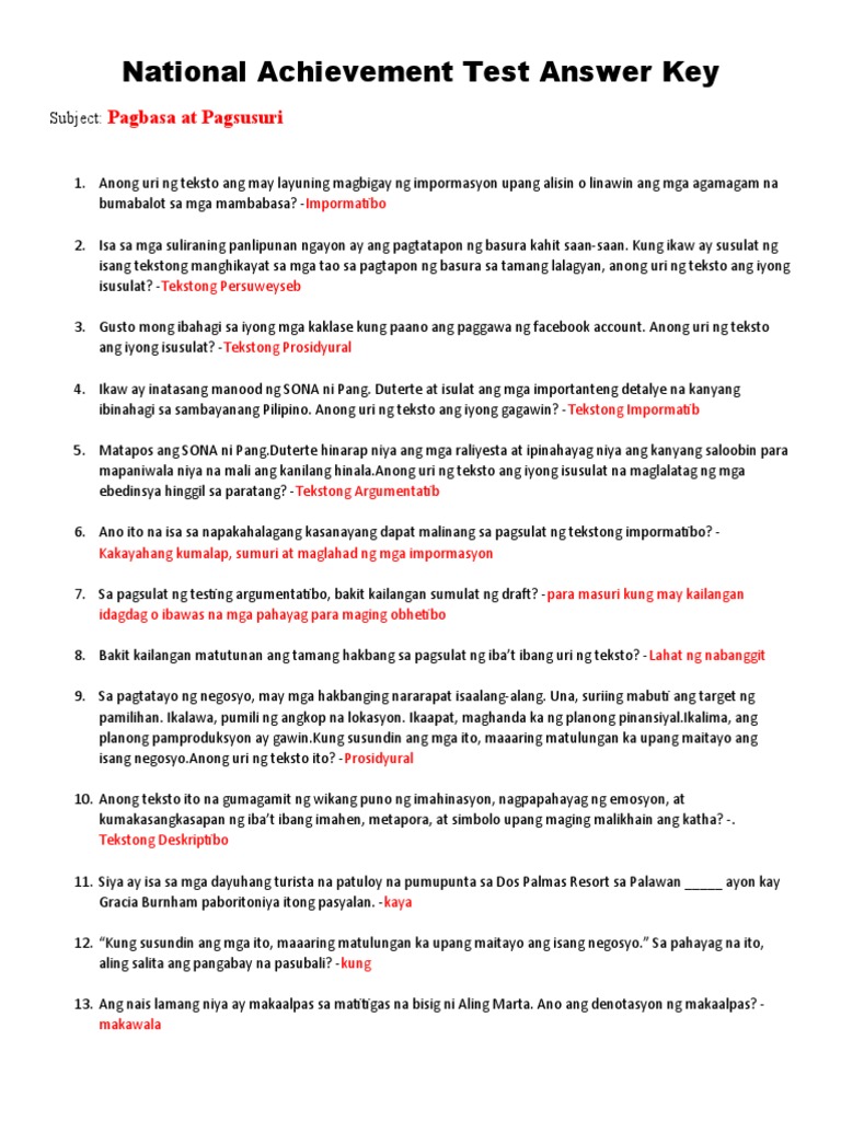 National Achievement Test Answer Key | PDF