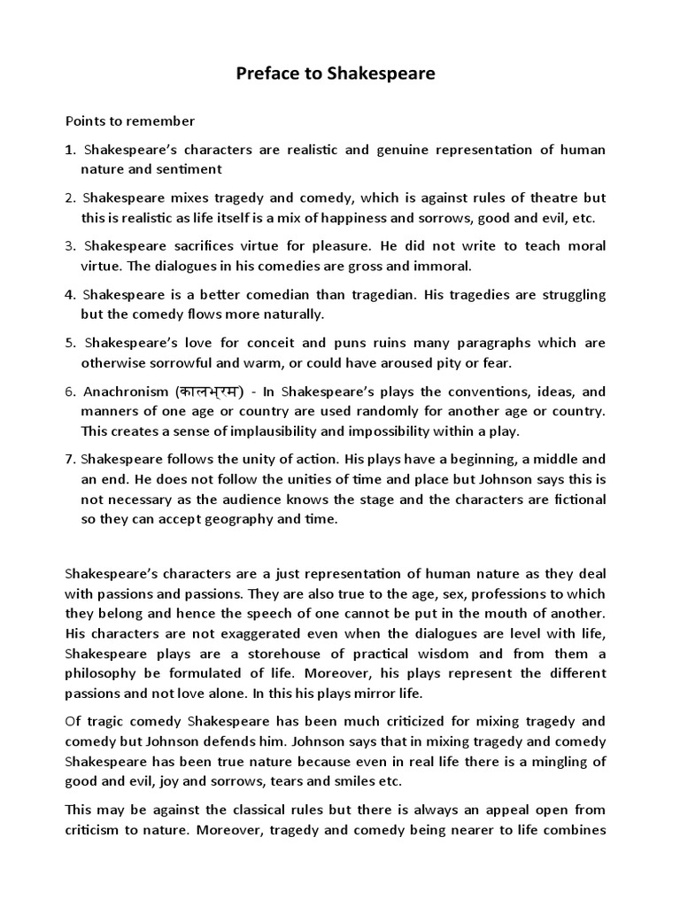 Preface To Shakespeare (Notes) | PDF | Tragedy | William Shakespeare
