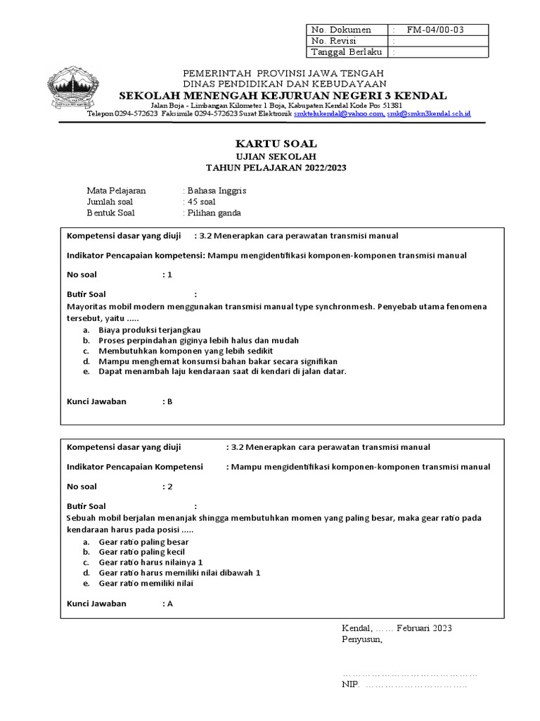 Kartu Soal Ujian Sekolah | PDF