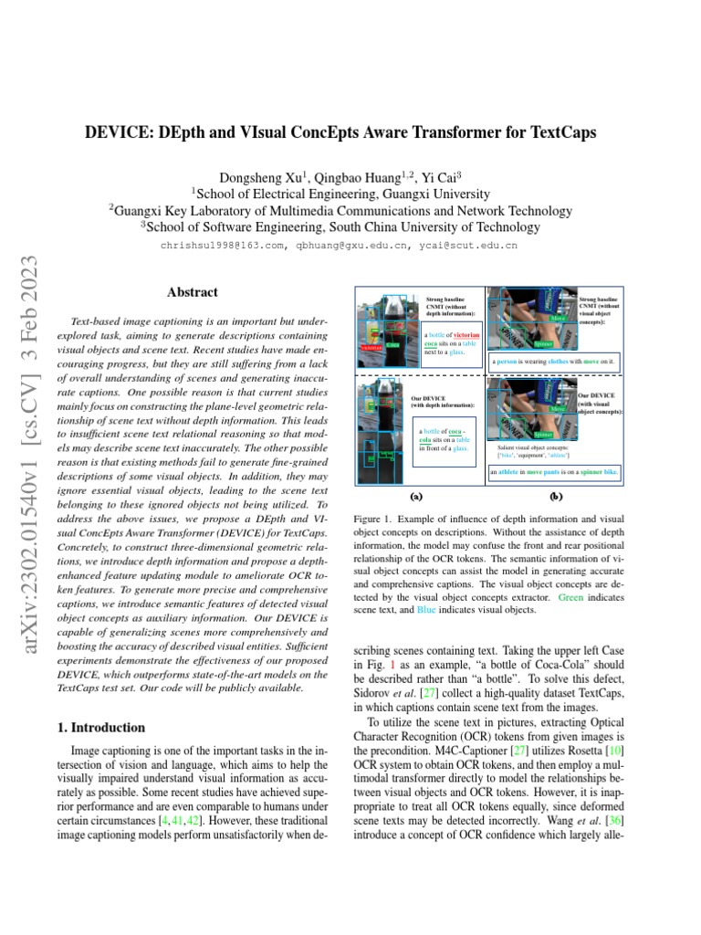 Device: Depth and Visual Concepts Aware Transformer For Textcaps | PDF | Cognitive Science