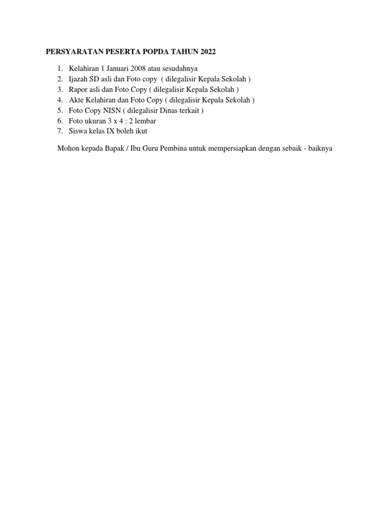 Syarat Peserta POPDA 2022 | PDF