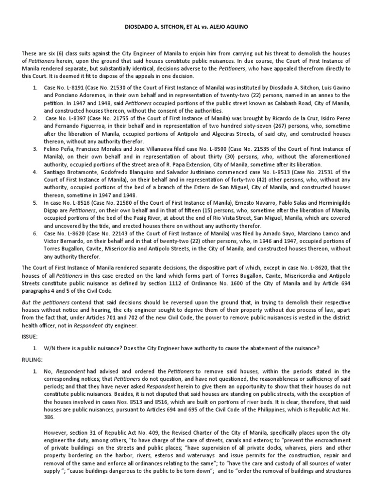 Sitchon vs. Aquino: Public Nuisance Case | PDF | Nuisance | Common Law