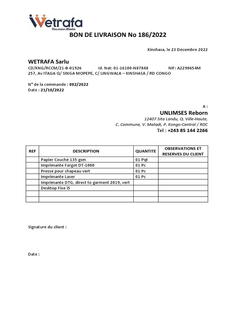 Modèle de bon de livraison 2022-2023 | PDF | Équipement | Travail de bureau