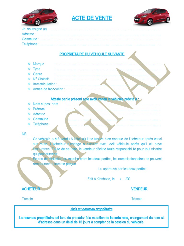 Acte de Vente Vehicule | PDF