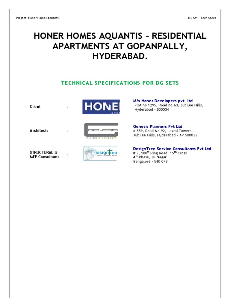 Honer Aquantis - DG Sets and Allied Works Technical Specifications ...
