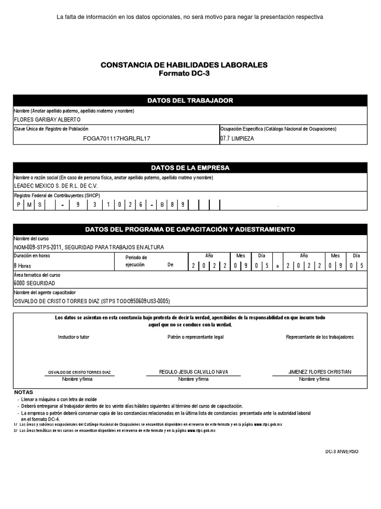 Constancia de Habilidades Laborales Formato DC-3: Datos Del Trabajador | PDF