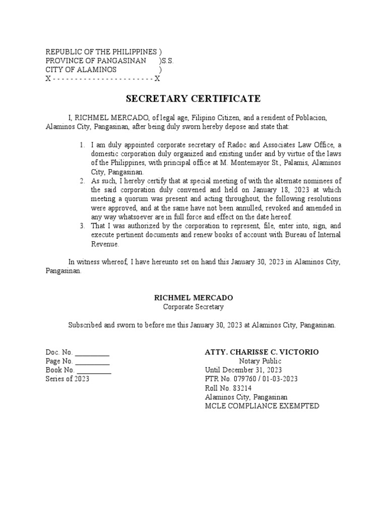 Secretary Certificate: Richmel Mercado | PDF