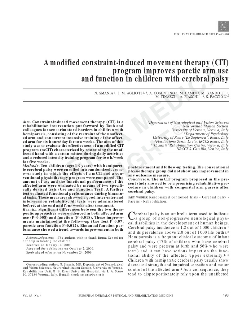 A Modified Constraint-Induced Movement Therapy (CIT) Program Improves Paretic Arm Use and ...