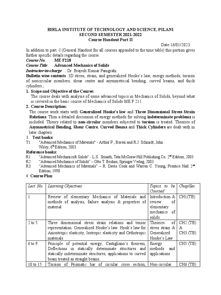 Me F218 Advanced Mechanics Of Solids Pdf Beam Structure