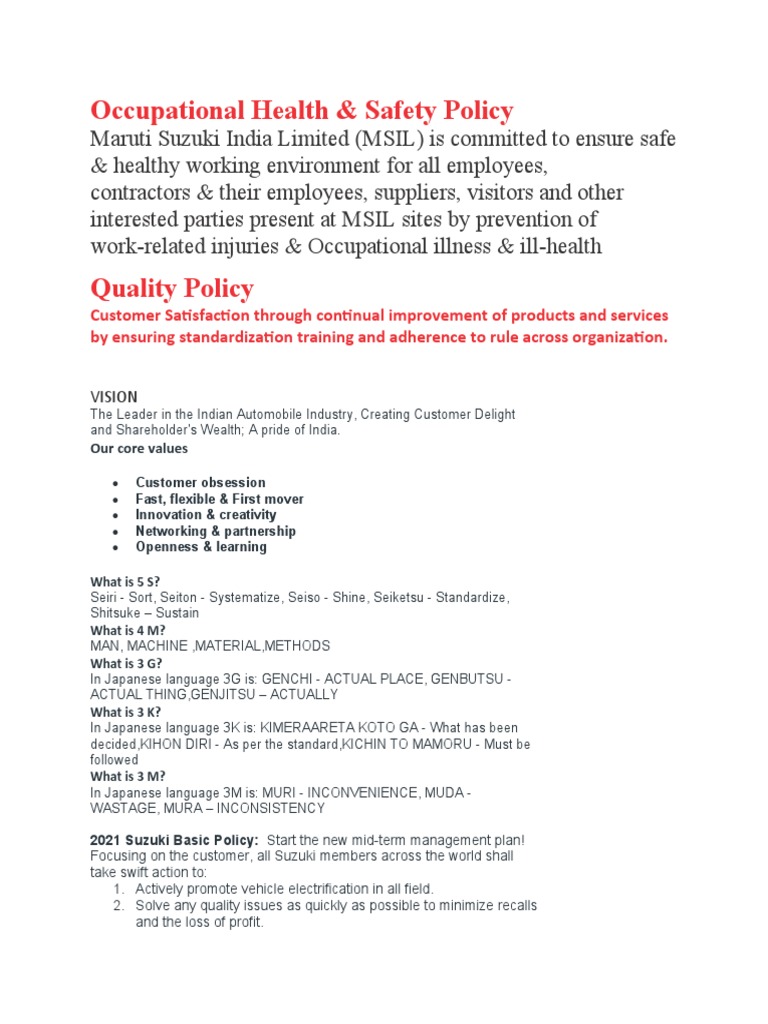 Occupational Health & Safety Policy | PDF