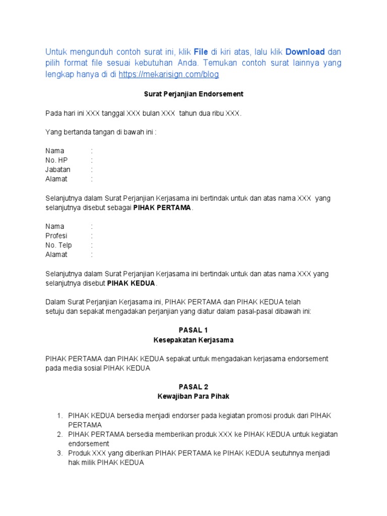 Contoh Surat Perjanjian Endorsement | PDF