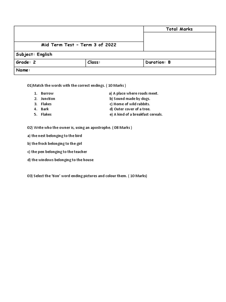 Grade 2 Mid Term Test | PDF