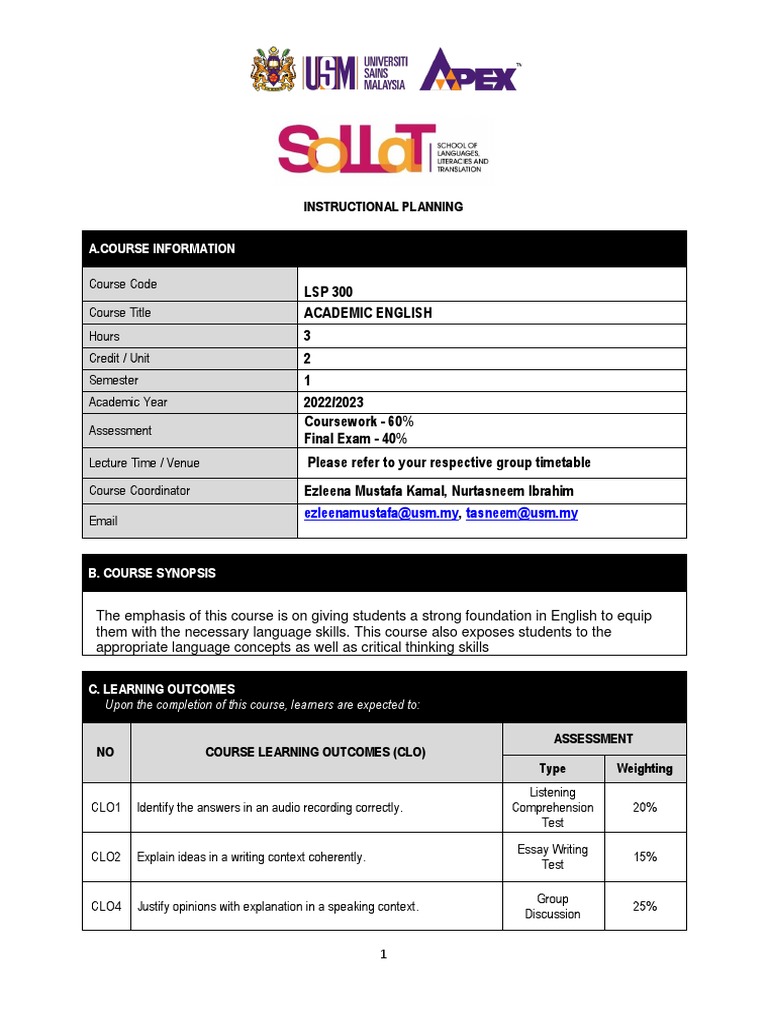LSP 300: Academic English Course Overview | PDF | Reading Comprehension ...