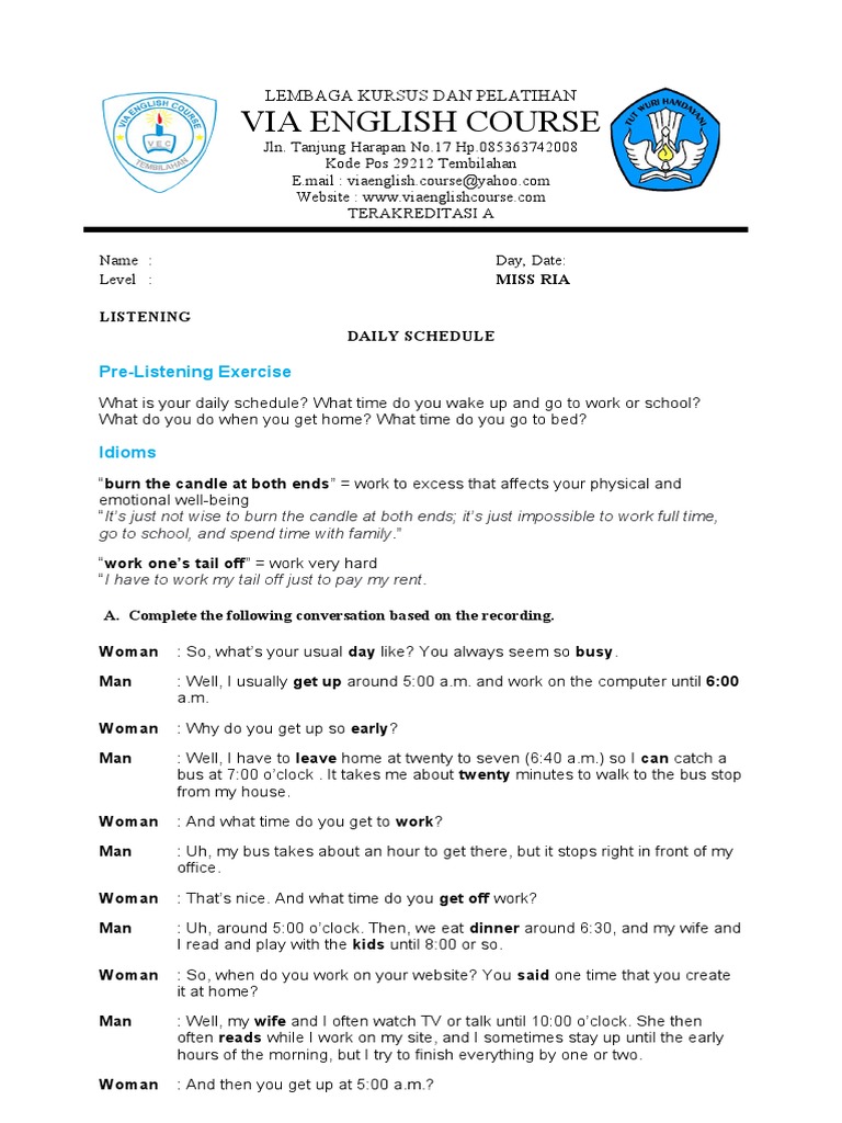 Listening May Daily Schedule Key | PDF | Verb | Linguistics