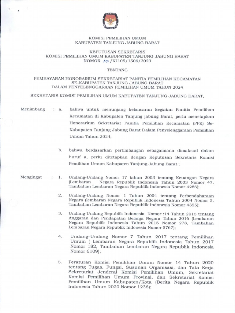 SK Pembayaran Honorarium PPK 2023 | PDF