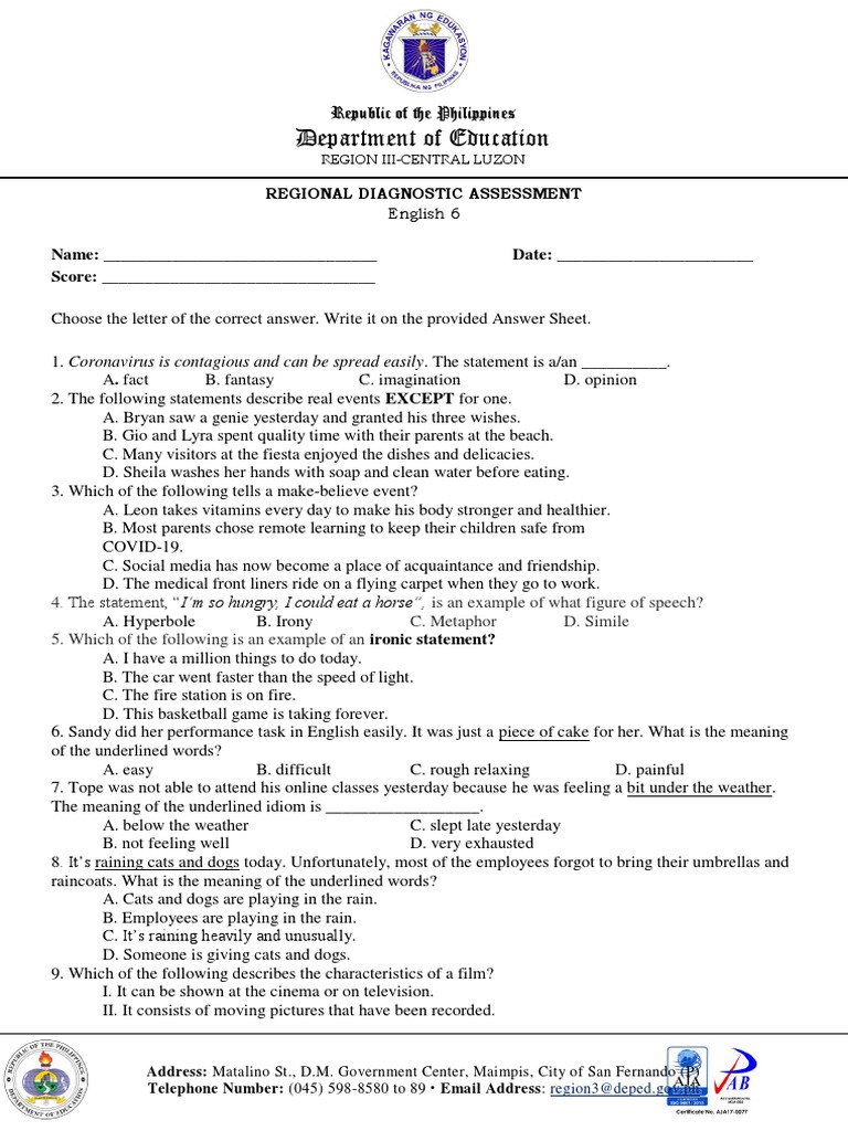 Diagnostic Assessment Tool in English - Grade 6 Corrected | PDF ...