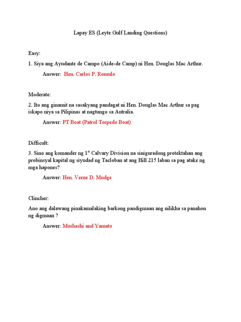 Lapay ES (Leyte Gulf Landing) Questions | PDF