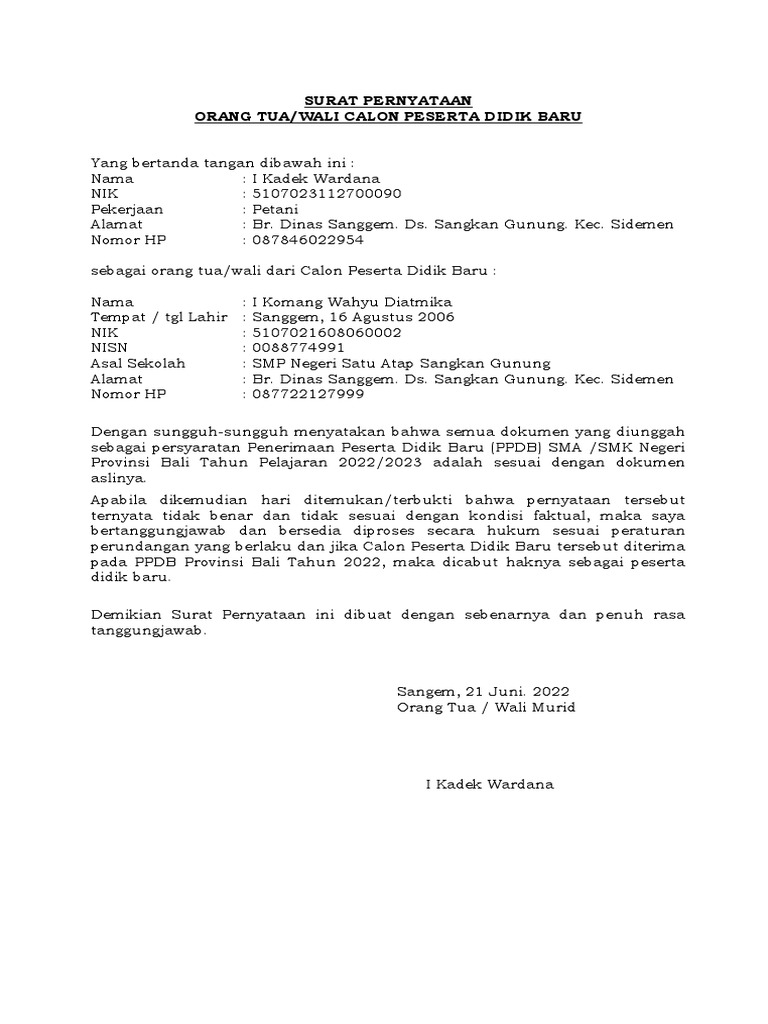 Surat Pernyataan Orang Tua Wali | PDF