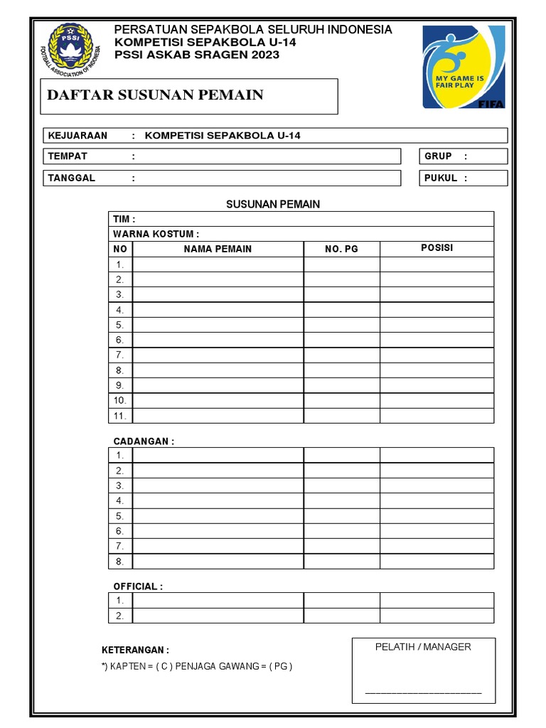 Daftar Susunan Pemain Sepakbola U-14 | PDF