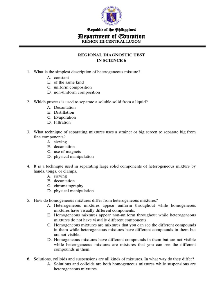 Grade 6 Science Regional Test Sample | PDF | Mixture | Atrium (Heart)