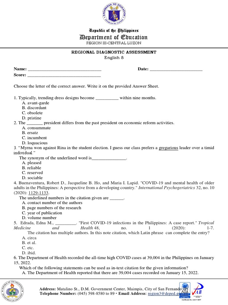 Diagnostic Assessment Tool in English - Grade 8 | PDF | Verb