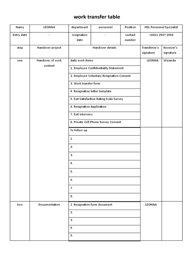 工作交接表 - Work Transfer Table Ms Leona | Download Free PDF | Information ...