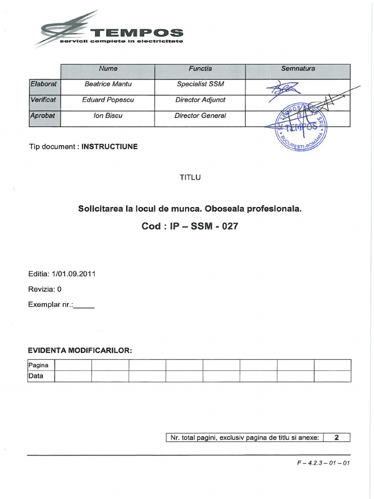 IP-SSM Solicitarea La Locul de Munca Si Oboseala Profesionala | PDF