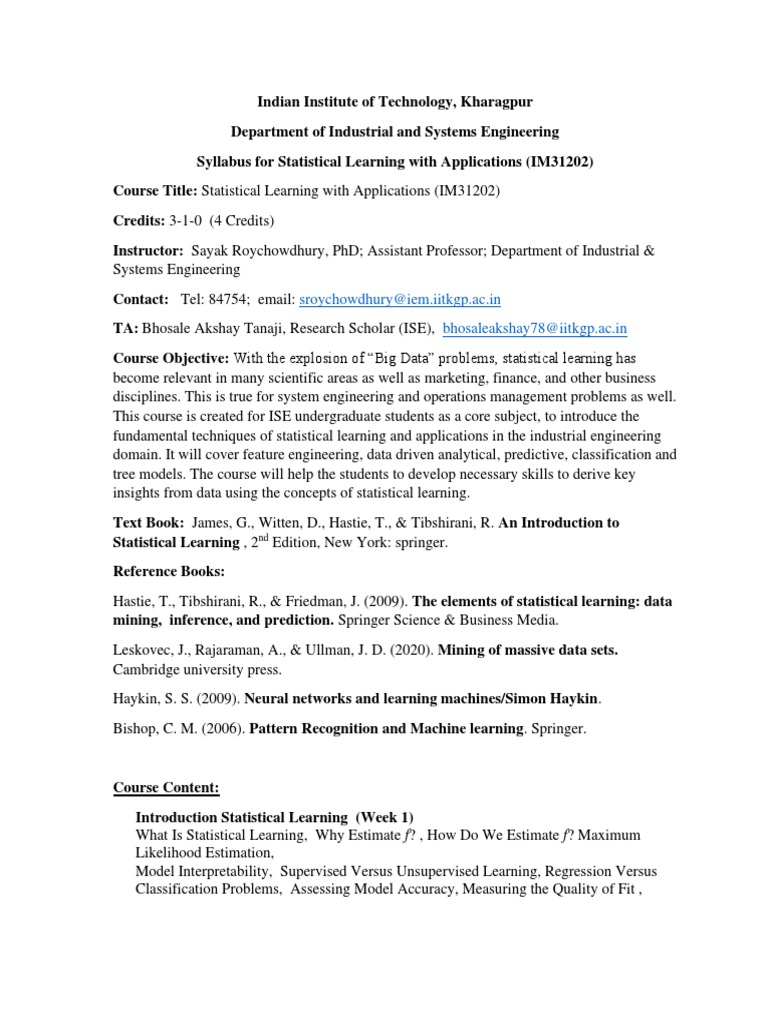 Syllabus - IM31202 - Statistical Learning With Applications | PDF | Regression Analysis ...