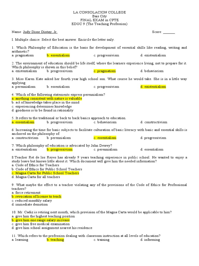 Educ 9 (Final Exam) | PDF | Teachers | Philosophy Of Education