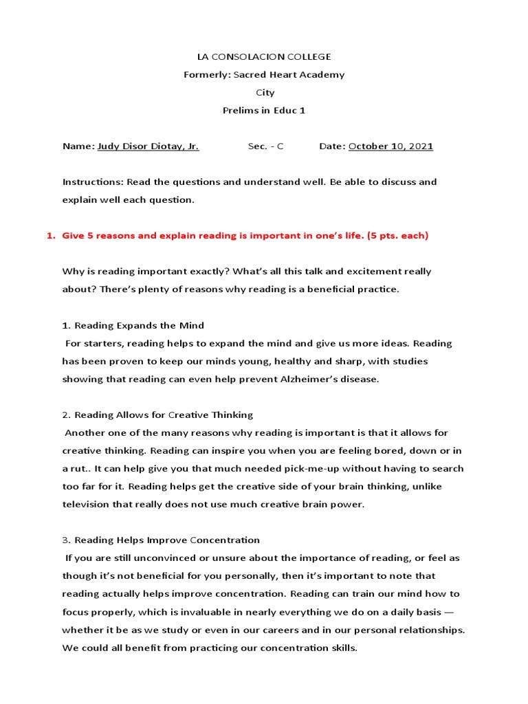 Prelim Exam in Educ 1 | PDF | Reading Comprehension | Behavioural Sciences