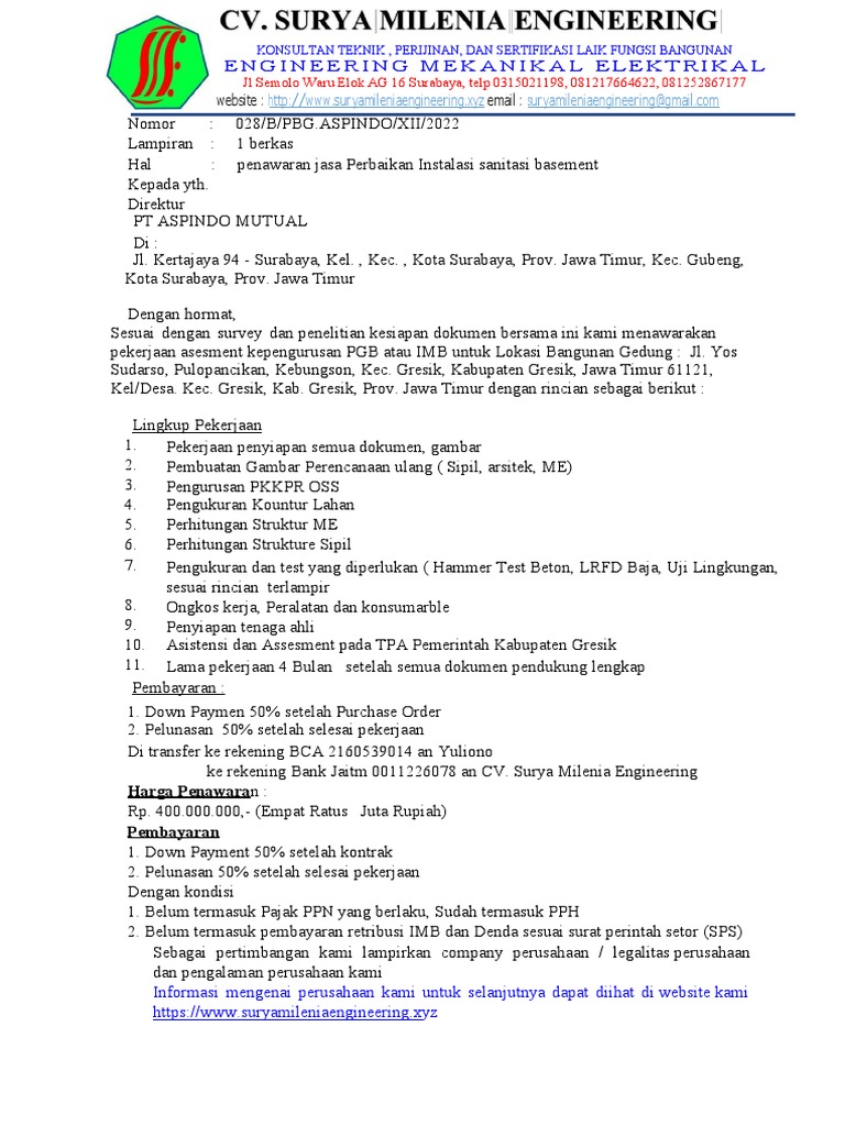 Penawaran Pekerjaaan Pengurusan PGB IMB PT ASPINDO REV 1 | PDF