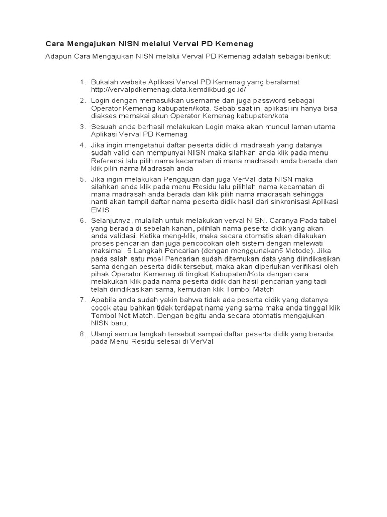 Panduan Verval NISN Kemenag | PDF