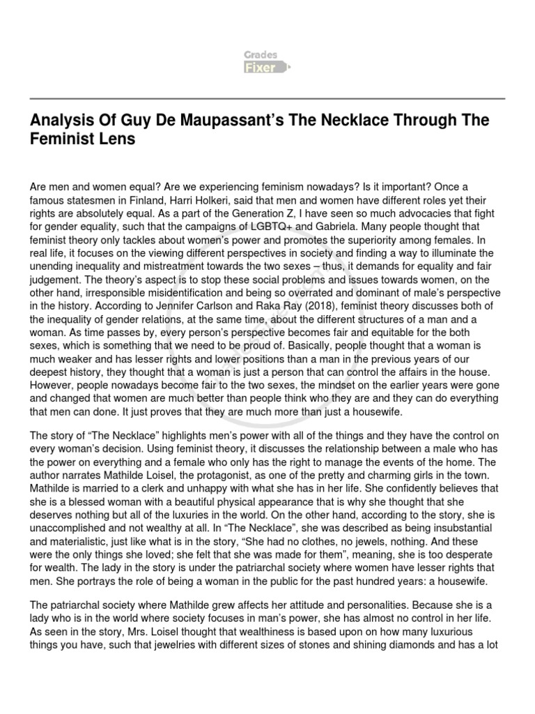 Analysis of Guy de Maupassant's The Necklace Through The Feminist Lens | PDF | Gender Studies ...