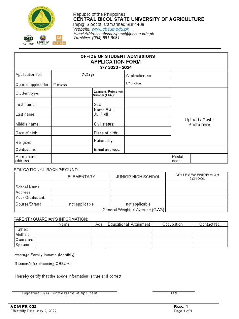 ADM-FR-002 Application For Admission Form (College) Edited | PDF