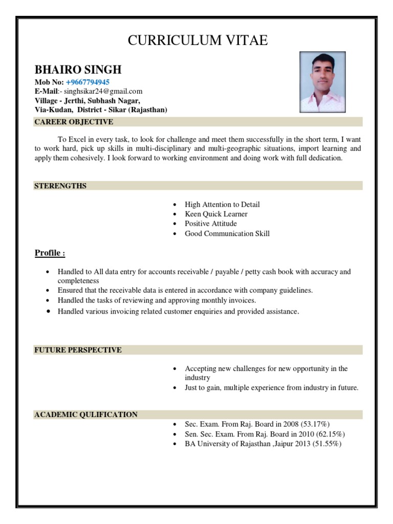 Bhairo Singh Curriculum Vitae | PDF | Professional Certification | Learning