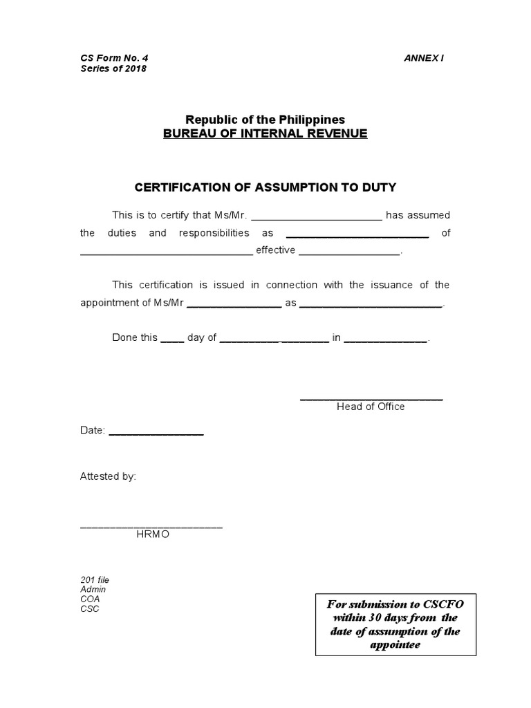 Annex I - Certification of Assumption | PDF