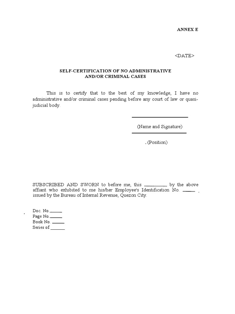 Annex E - Self Certification of No Pending Admin - Crim Case | PDF