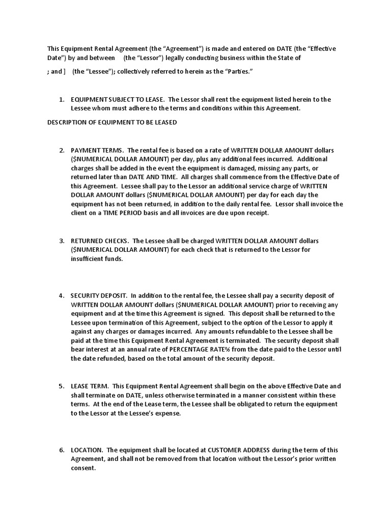 Equipment Agreement | Download Free PDF | Lease | Renting