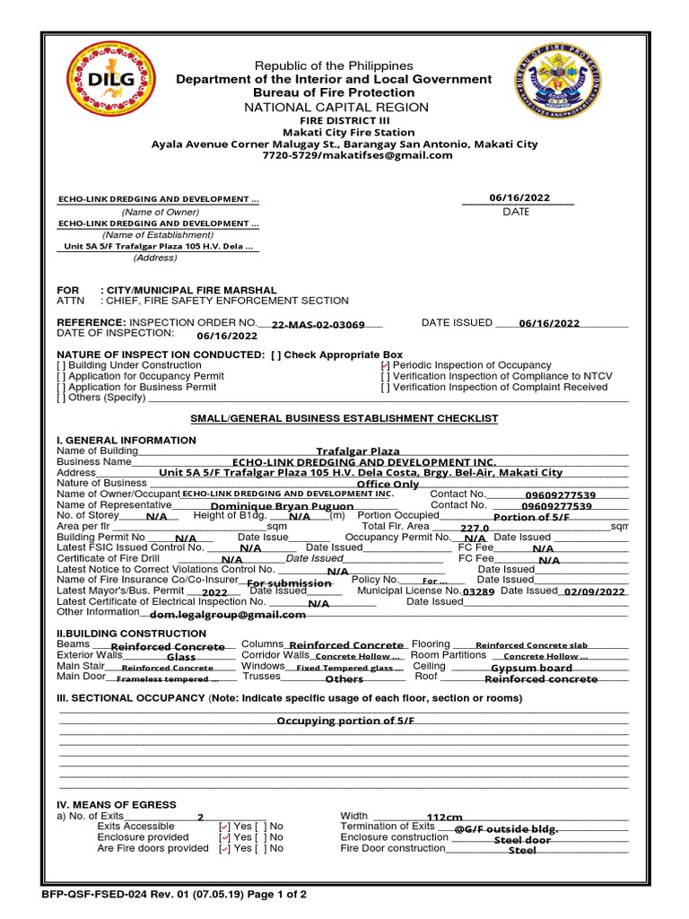 Small General Business Occupancy Checklist MKT Echo Link Dredging and ...