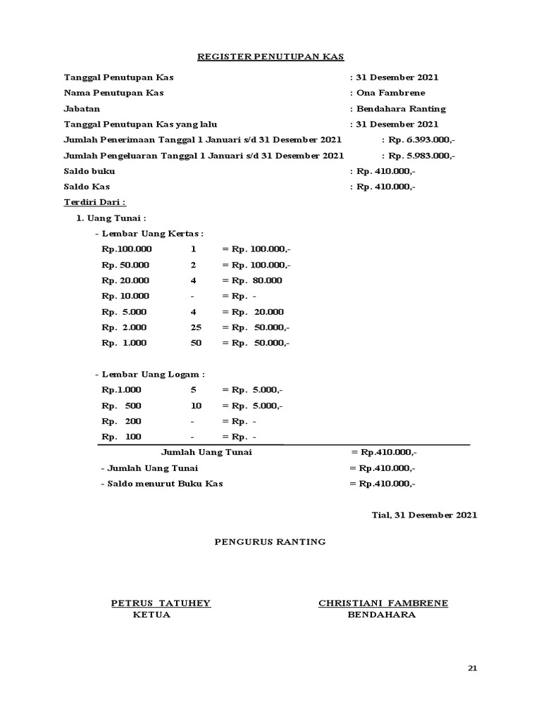 Register Penutupan Kas | PDF