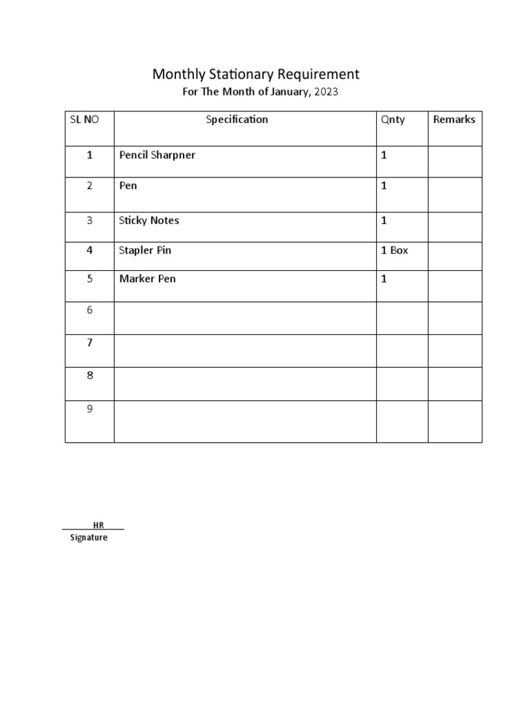 Monthly Stationary Requirement | PDF
