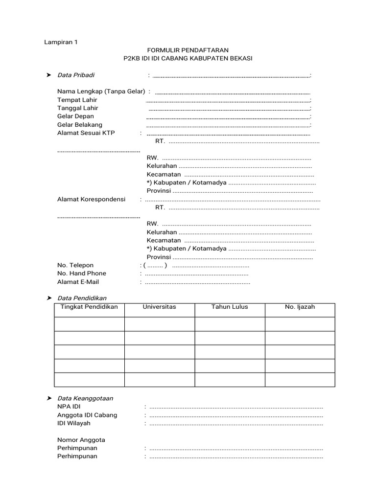 Formulir Pendaftaran P2KB IDI Cab Kab Bekasi | PDF
